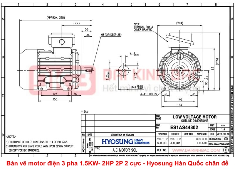Motor Điện 3 Pha 1.5KW- 2HP 2P 2 Cực - Hyosung Hàn Quốc